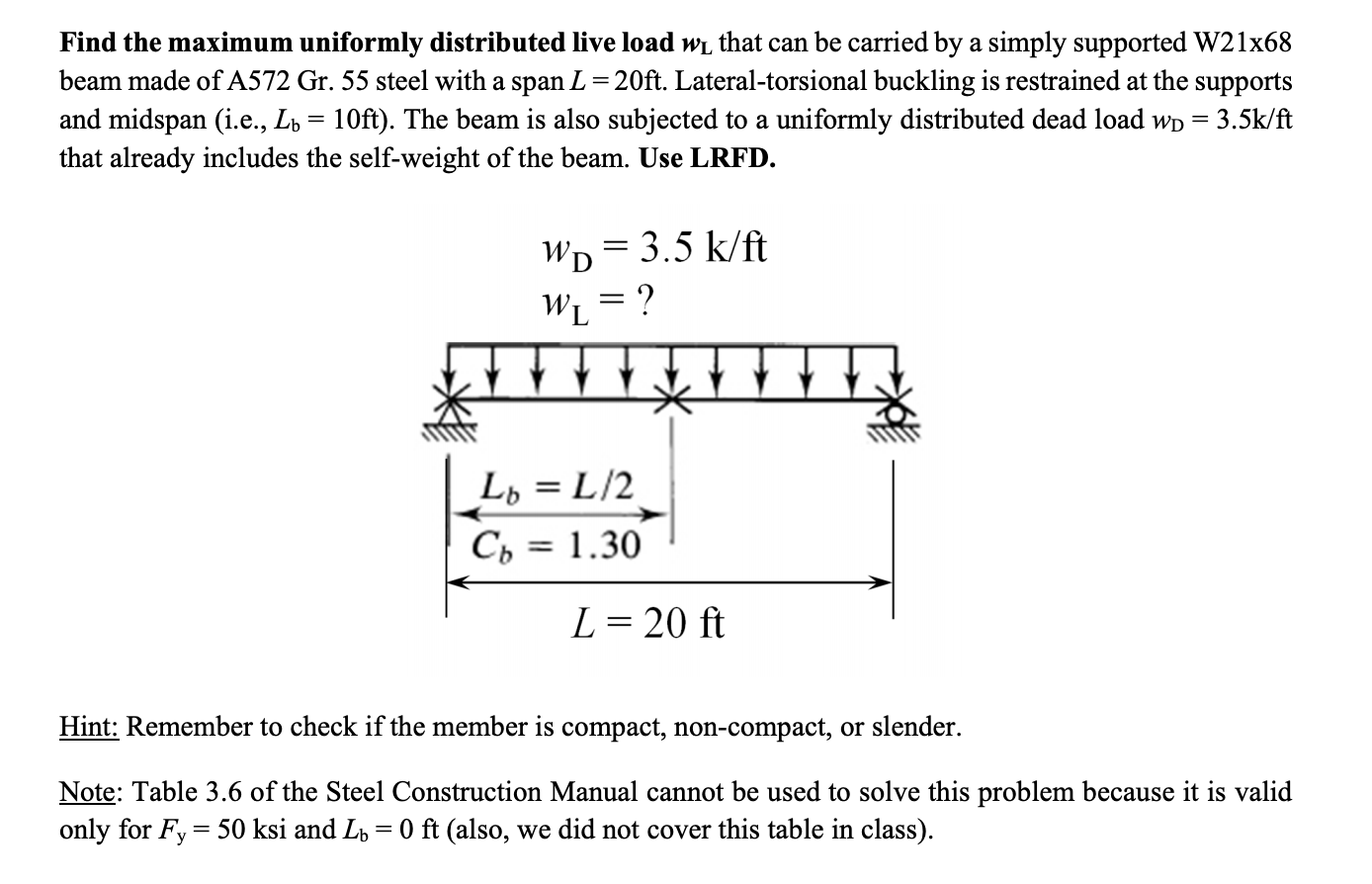Solved Find the maximum uniformly distributed live load wų | Chegg.com