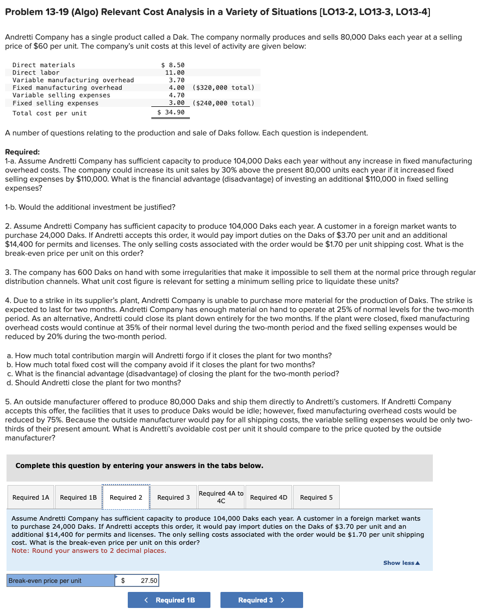 Solved Problem 13-19 (Algo) Relevant Cost Analysis in a | Chegg.com