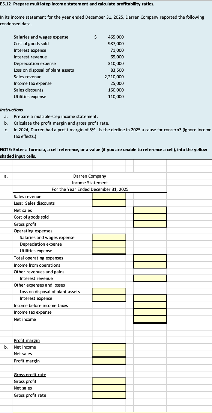 Solved E5.12 Prepare multi-step income statement and | Chegg.com