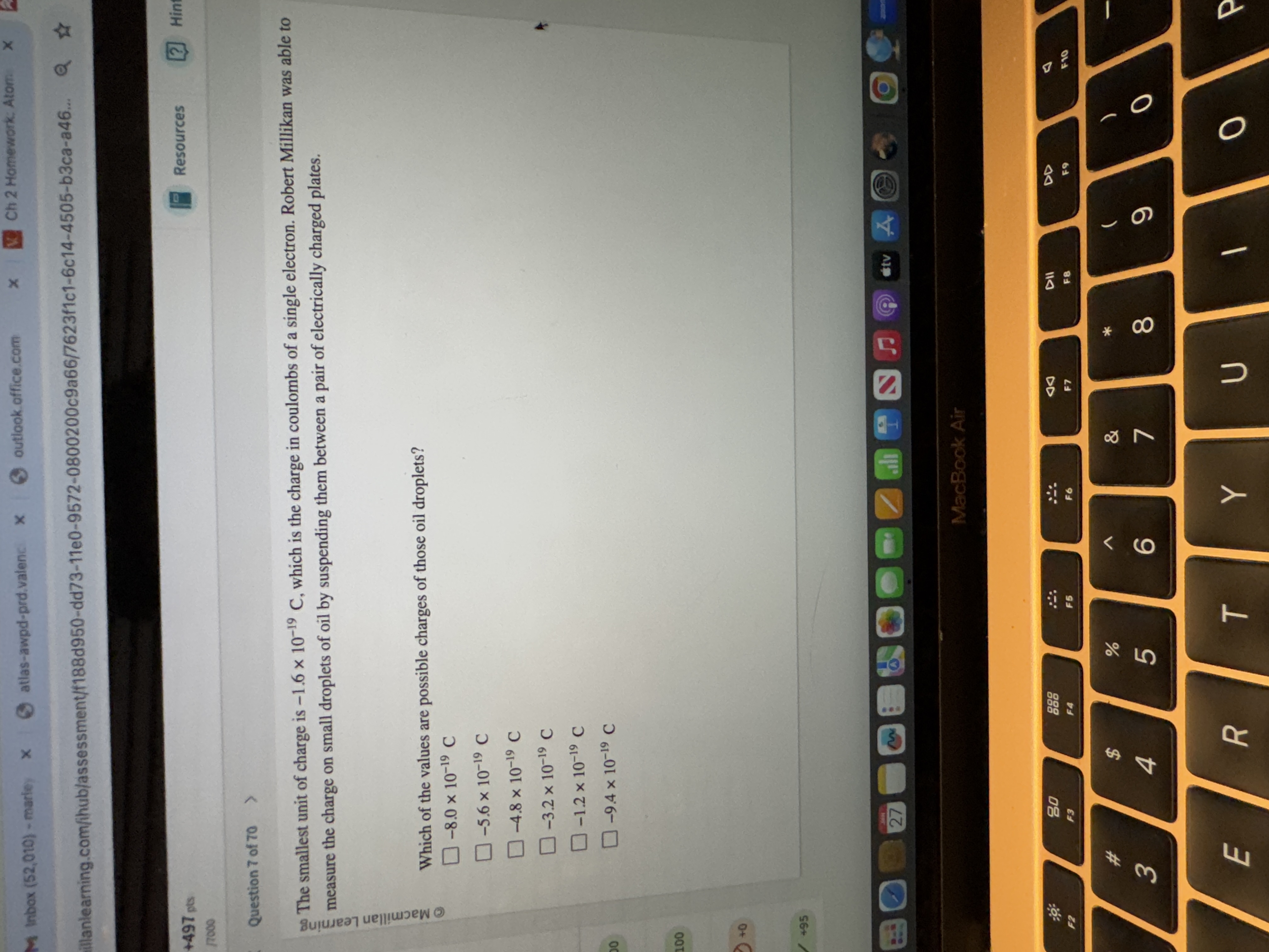 Solved 0 ﻿The smallest unit of ﻿charge is -1.6×10-19C, | Chegg.com