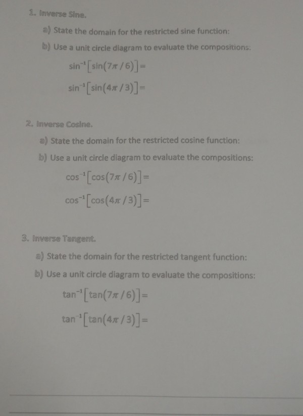 Solved 1. Inverse Sine. a) State the domain for the | Chegg.com