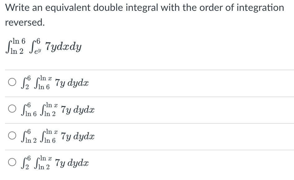 Solved Write an equivalent double integral with the order of | Chegg.com