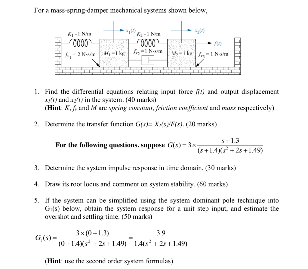 Solved For a mass-spring-damper mechanical systems shown | Chegg.com