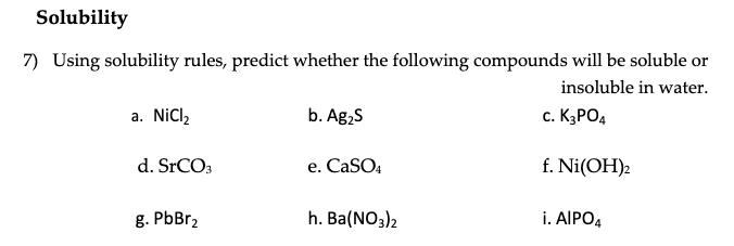 Solved Solubility 7) Using solubility rules, predict whether | Chegg.com