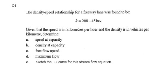 Solved The Density Speed Relationship For A Freeway Lane Was