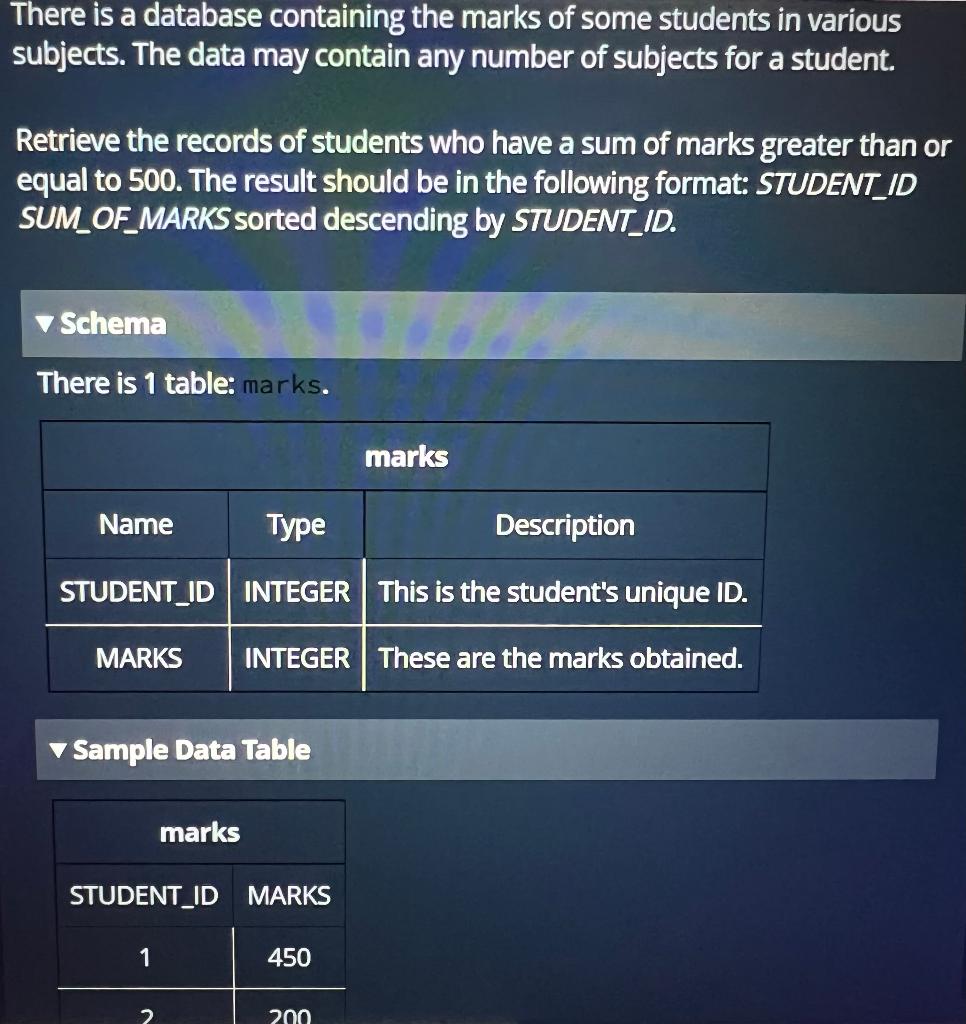 Solved There is a database containing the marks of some | Chegg.com