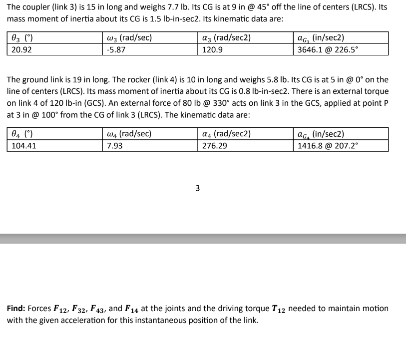 3. Dynamic Force Analysis of a Four-bar Linkage. | Chegg.com