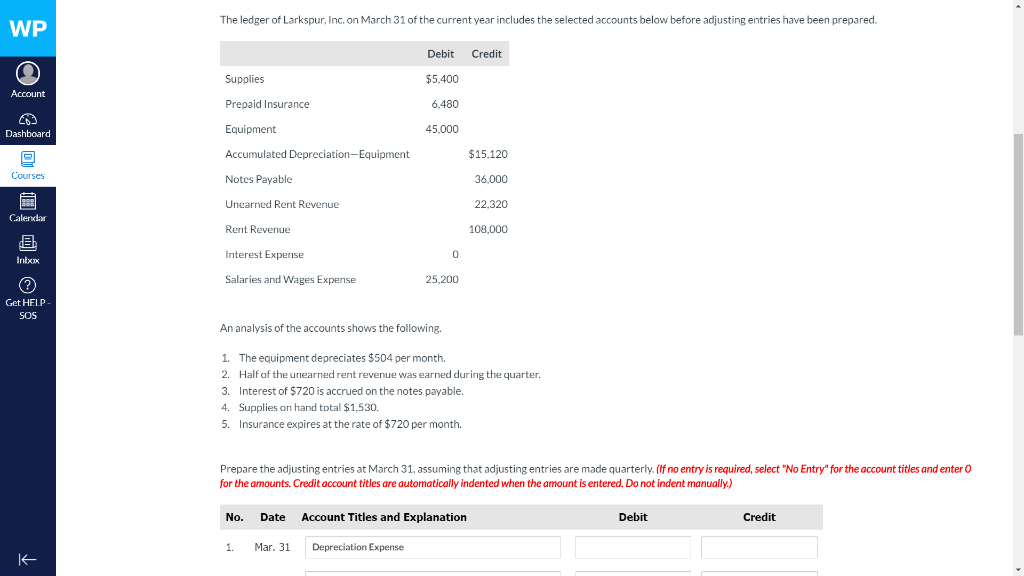 Solved The ledger of Larkspur, Inc. on March 31 of the | Chegg.com