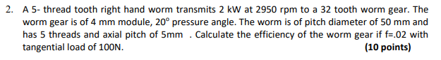 Solved 2. A 5-thread tooth right hand worm transmits 2 kW at | Chegg.com