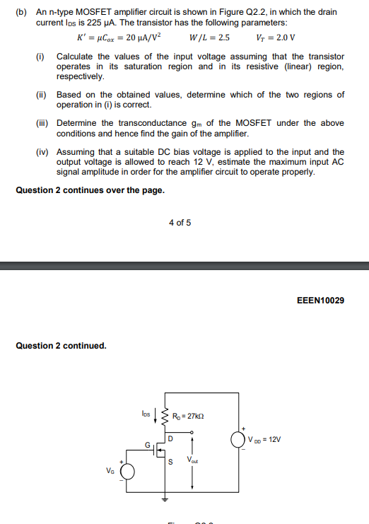 Solved (b) An n-type MOSFET amplifier circuit is shown in | Chegg.com