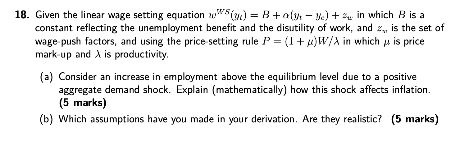 18. Given the linear wage setting equation wWS(Yt) = | Chegg.com
