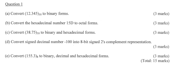 Solved Question 1 (a) Convert (12.345) 10 to binary forms. | Chegg.com