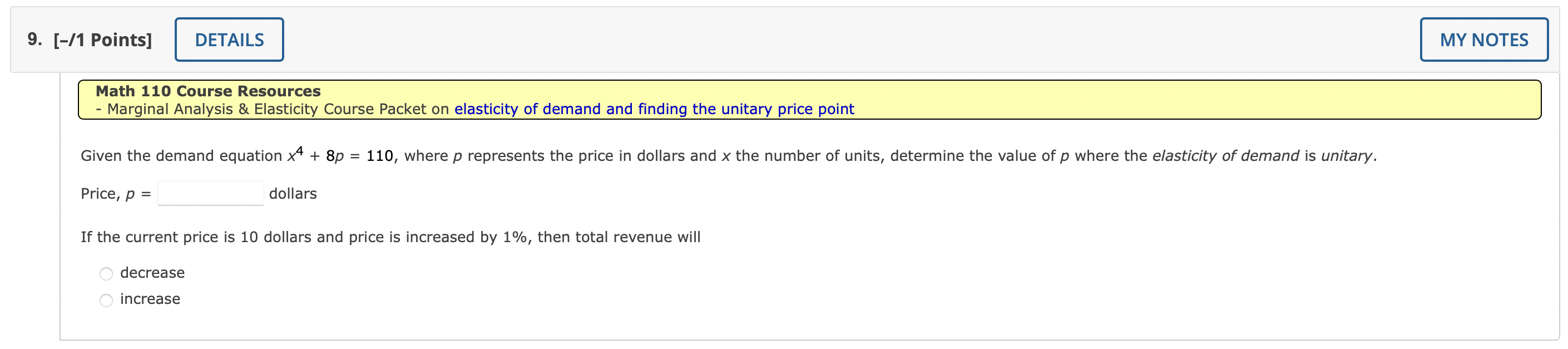 Solved - Marginal Analysis \& Elasticity Course Packet on | Chegg.com