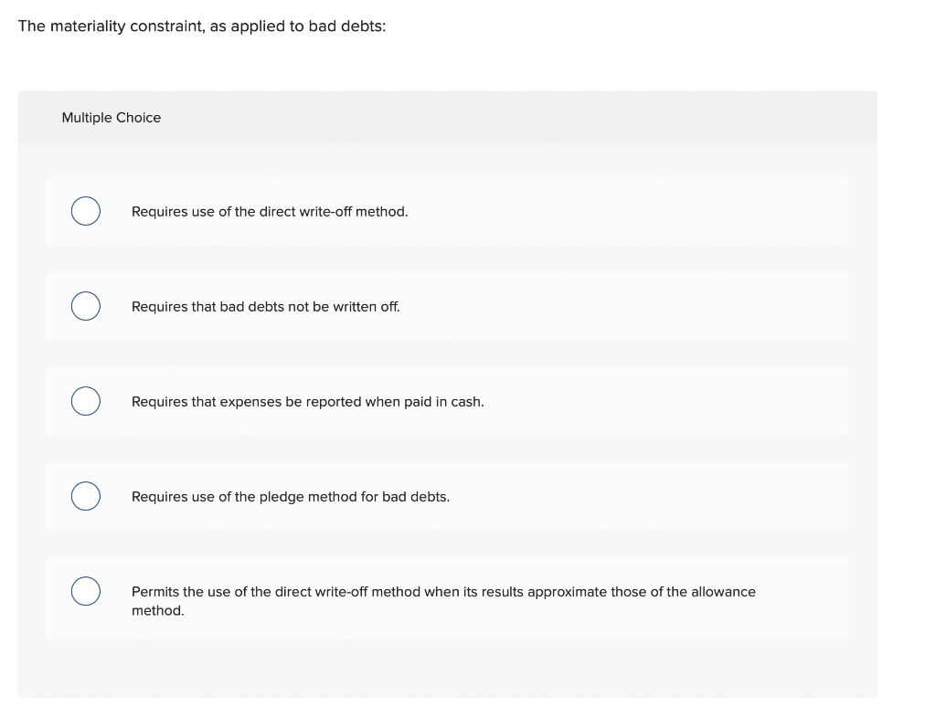 Solved The materiality constraint, as applied to bad debts: | Chegg.com