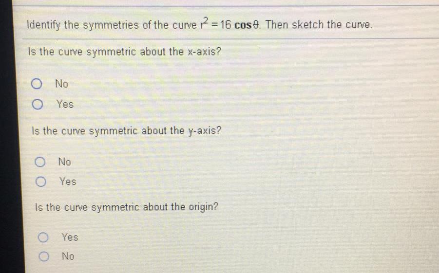 Solved Identify the symmetries of the curve 2 = 16 cos 4. | Chegg.com
