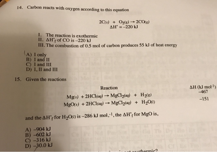 Solved 14. Carbon reacts with oxygen according to this | Chegg.com