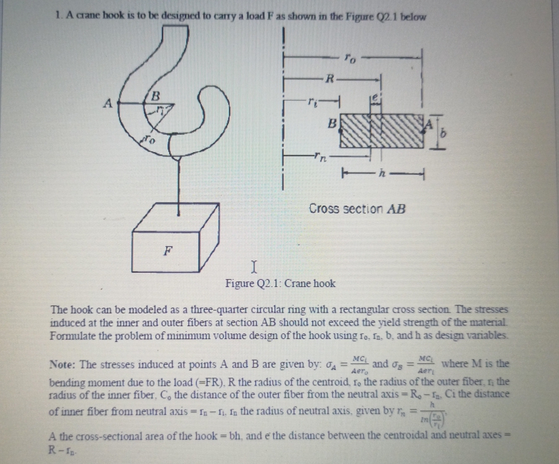 Solved A crane hook is to be designed to carry a load F ﻿as | Chegg.com