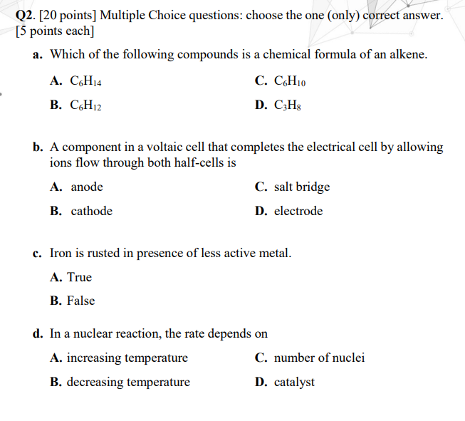 Solved Q2. [20 points] Multiple Choice questions: choose the | Chegg.com