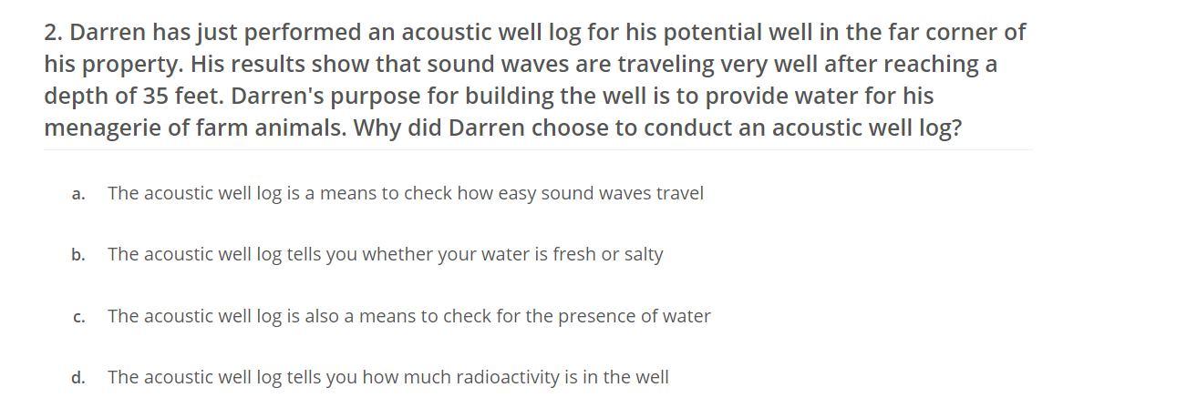 Solved 2. Darren has just performed an acoustic well log for | Chegg.com