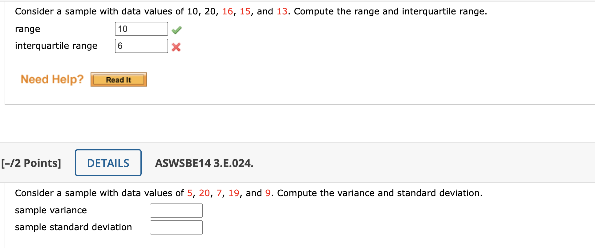 Solved Consider a sample with data values of 10,20,16,15, | Chegg.com