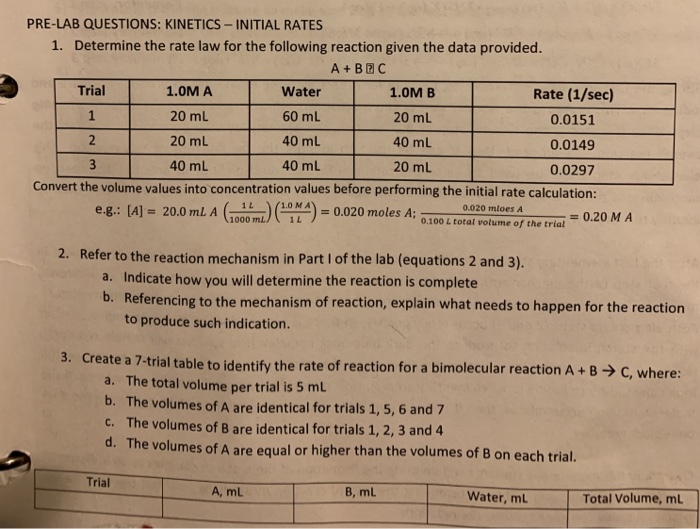 Solved PRE-LAB QUESTIONS:KINETICS-INITIAL RATES 1. Determine | Chegg.com