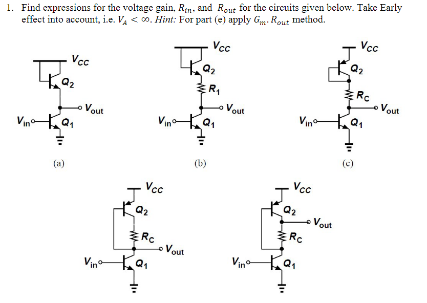 Solved ? 1. Find expressions for the voltage gain, Rin, and | Chegg.com