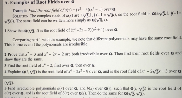 Solved A. Examples of Root Fields over Example Find the root | Chegg.com