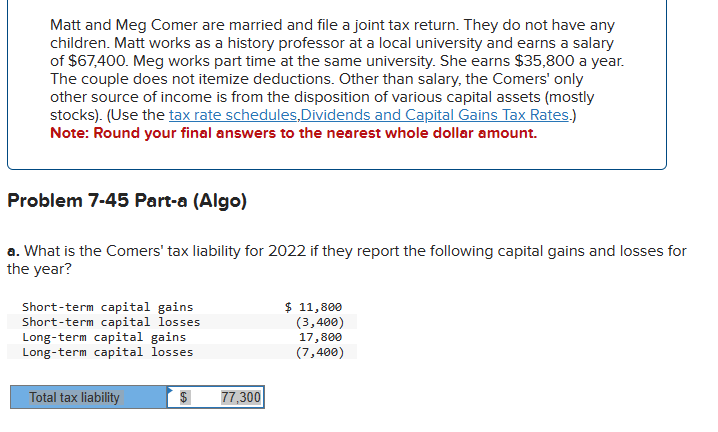 Matt and Meg Comer are married and file a joint tax | Chegg.com