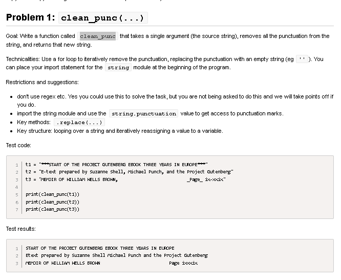 Solved Problem 1: clean_punc(...) Goal: Write a function | Chegg.com