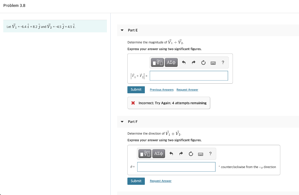 Solved Problem 3.8 Let V1 = -6.4 + 8.2 3 and V2 =-4.5 +4.5 | Chegg.com