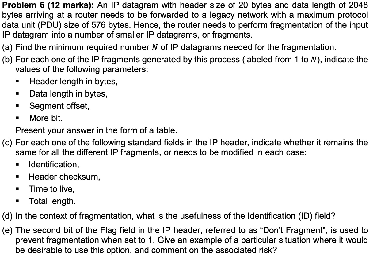 Solved Problem 6 (12 marks): An IP datagram with header size | Chegg.com