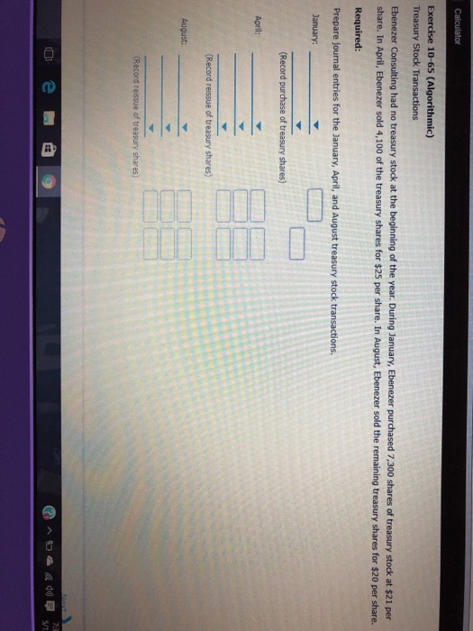 Solved Exercise 10-65 (Algorithmic) Treasury Stock | Chegg.com