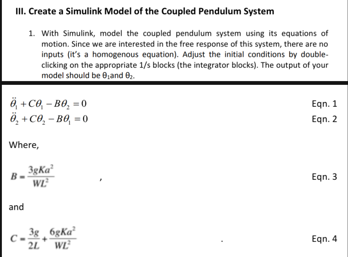 Solved III. Create a Simulink Model of the Coupled Pendulum | Chegg.com