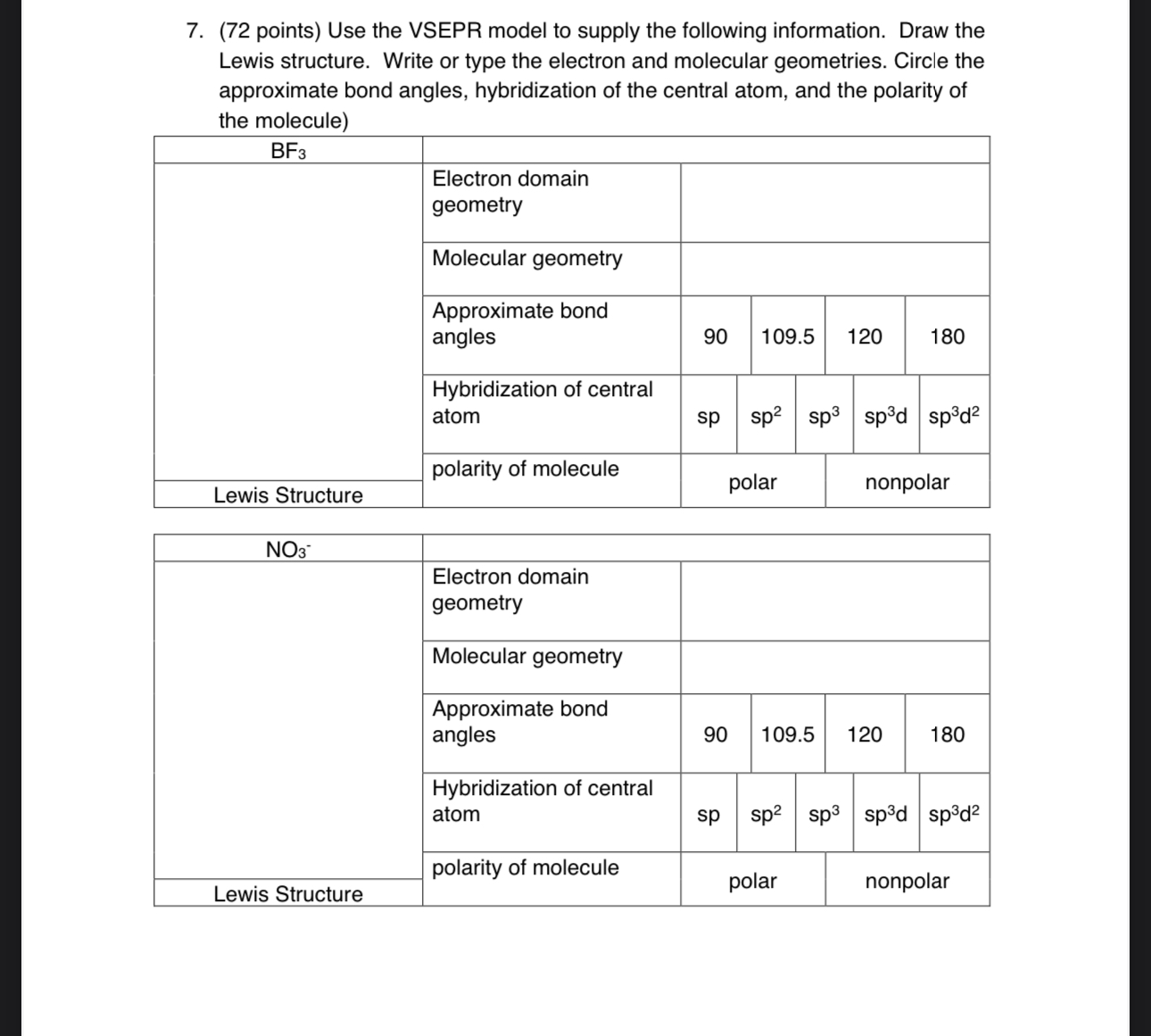 Solved (72 ﻿points) ﻿Use the VSEPR model to supply the | Chegg.com