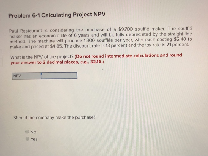 Solved Problem 6-1 Calculating Project NPV Paul Restaurant | Chegg.com
