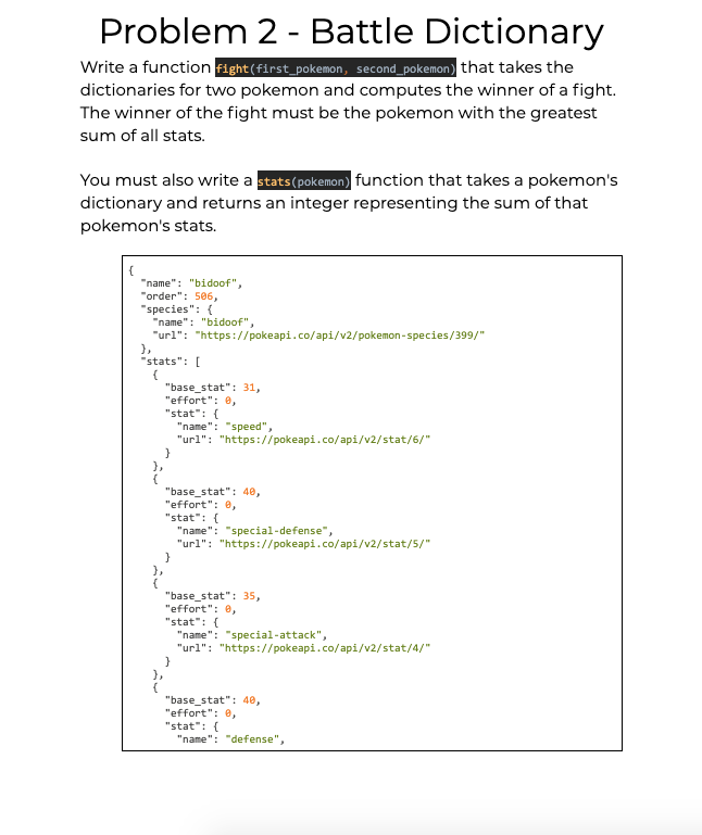 Solved Problem 2 - Battle Dictionary Write a function | Chegg.com