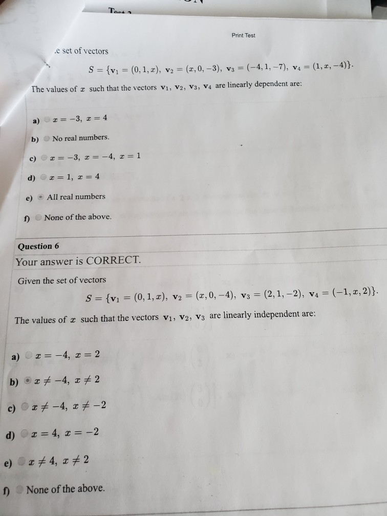 Solved Print Test e set of vectors S = {vı = (0,1,x), v2 = | Chegg.com
