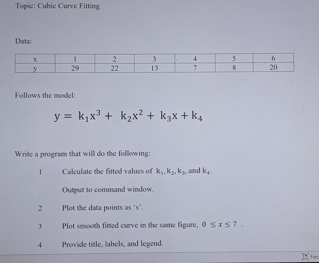 Solved Topic: Cubic Curve Fitting Data: x y 1 1 29 I I 2 22 | Chegg.com