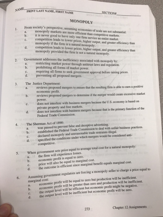 Solved NAME PRINT LAST NAME, FIRST NAME MONOPOLY From | Chegg.com