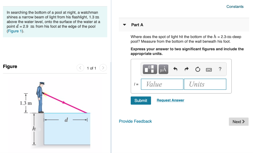 Solved Constants In searching the bottom of a pool at night, | Chegg.com