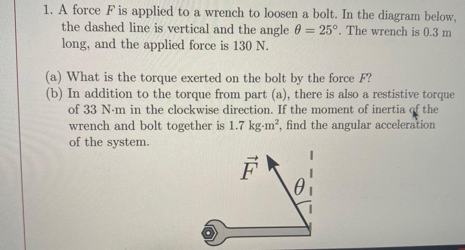 Solved 1. A force F is applied to a wrench to loosen a bolt. | Chegg.com