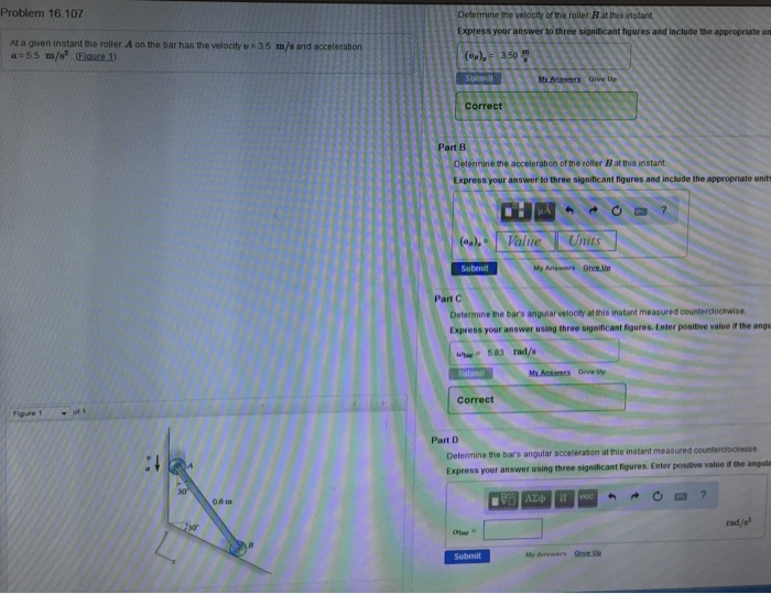 Solved At a given instant the roller A on the bar has the | Chegg.com