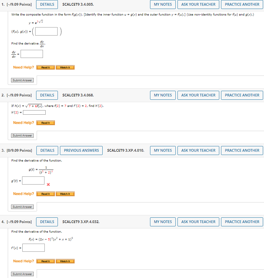 Solved -/9.09 Points] SCALCET9 3.4.005. Write the composite | Chegg.com