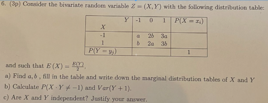 Solved (3p) ﻿Consider the bivariate random variable Z=(x,Y) | Chegg.com