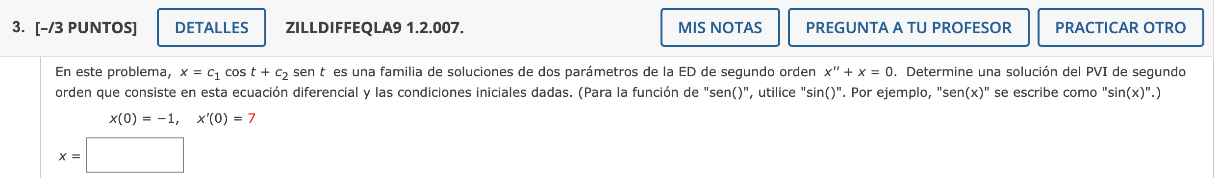 Solved En este problema, \\( x=c_{1} \\cos t+c_{2} \\) sen | Chegg.com