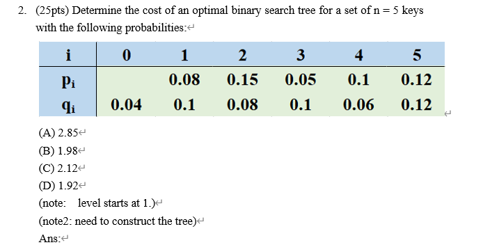 Solved 2. (25pts) Determine the cost of an optimal binary | Chegg.com