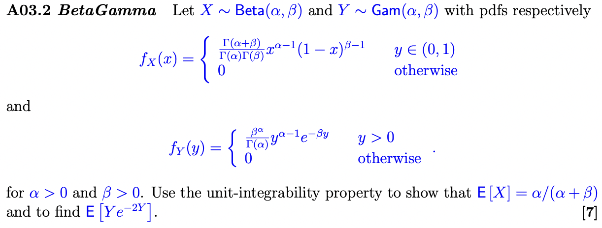 Solved A03.2 BetaGamma Let X∼Beta(α,β) and Y∼Gam(α,β) with | Chegg.com