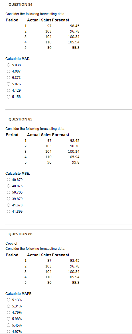 Solved Consider the following forecasting data Calculate | Chegg.com