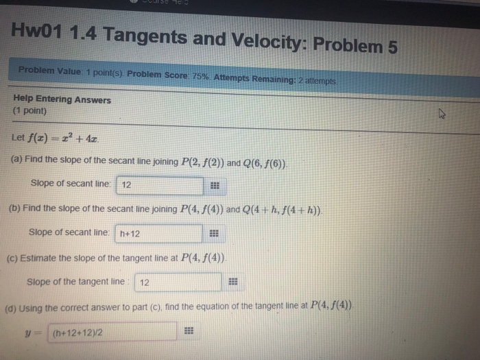 Solved Hw01 1.4 Tangents and Velocity: Problem 5 Problem | Chegg.com