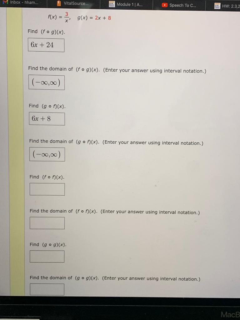Solved f(x)=x′3,g(x)=2x+8 Find (f∘g)(x) Find the domain of | Chegg.com